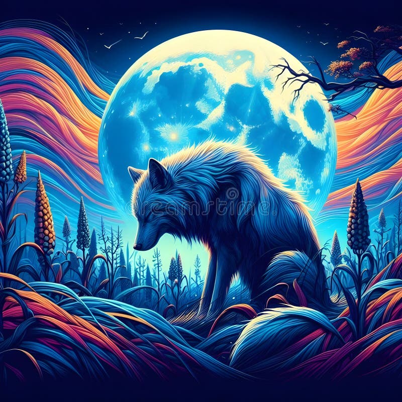 Image of Howling Wolf Over a Blue Corn Moon. Stock Illustration ...