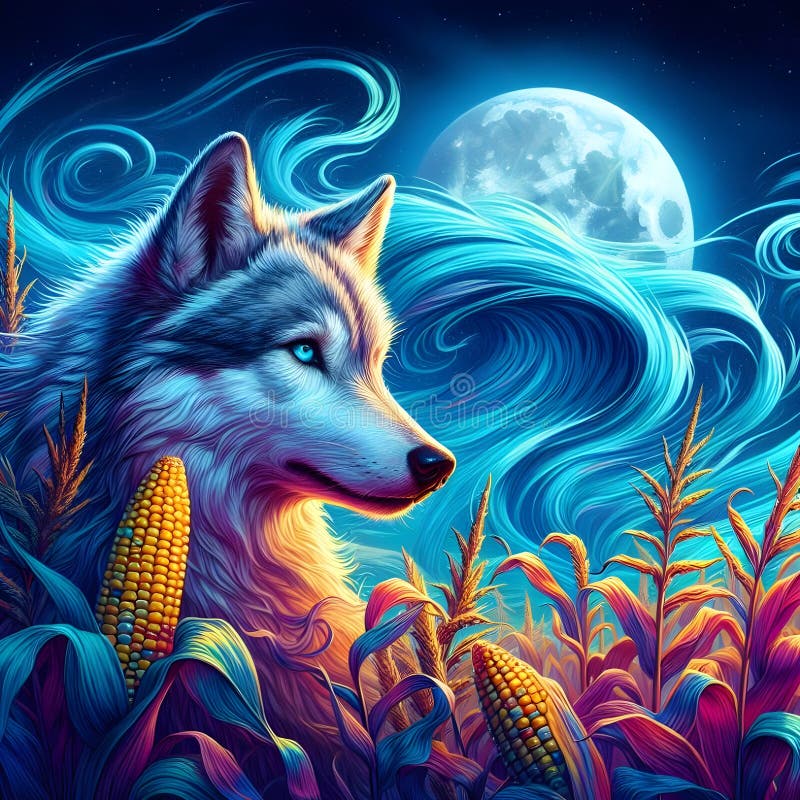 Image of Howling Wolf Over a Blue Corn Moon. Stock Illustration ...