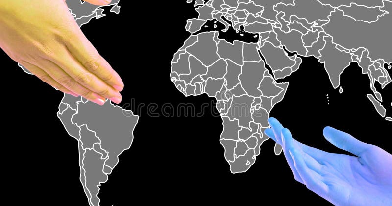 Image of Human and Blue Hand Moving To Shake Hands Over World Map Stock ...