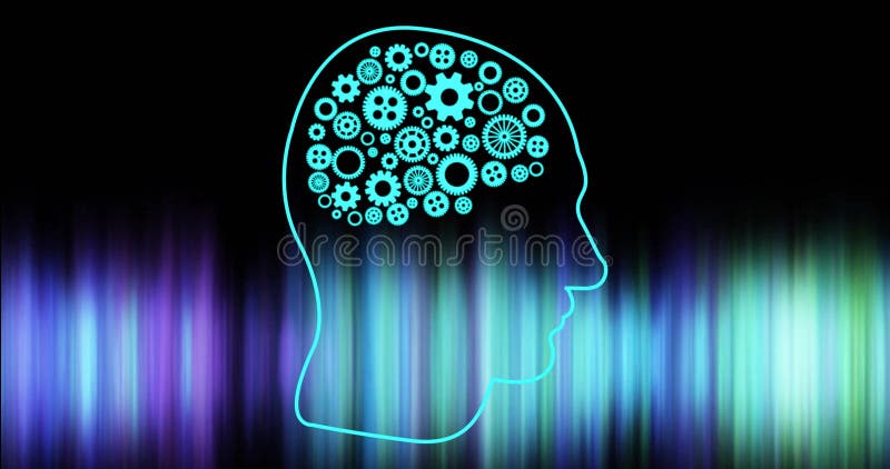 Image of Human Brain with Cogs and Light Trails Over Black Background ...