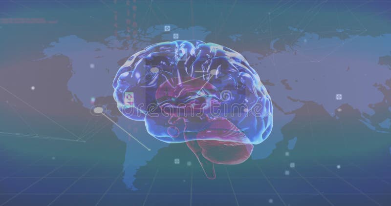 Image of Human Brain, Data Processing Over World Map Stock Illustration ...