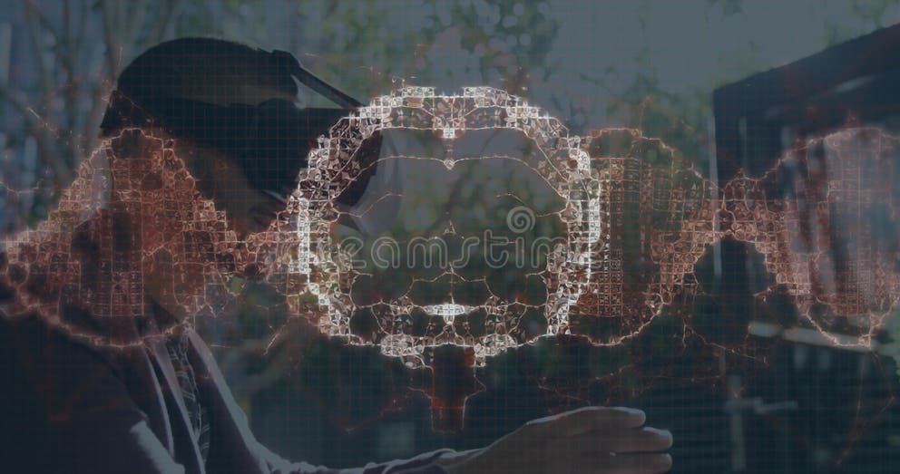 Image of Human Brain Spinning and Data Processing Over Man Wearing Vr ...