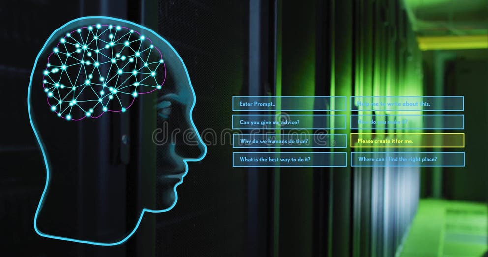 Image of Human Head and Ai Data Processing Over Computer Server Stock Illustration ...