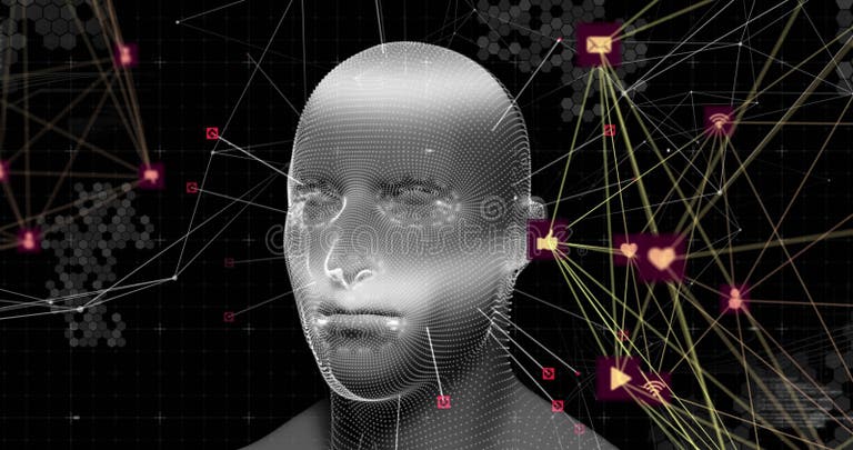 Image of Human Head Spinning with Digital Interface Connections ...