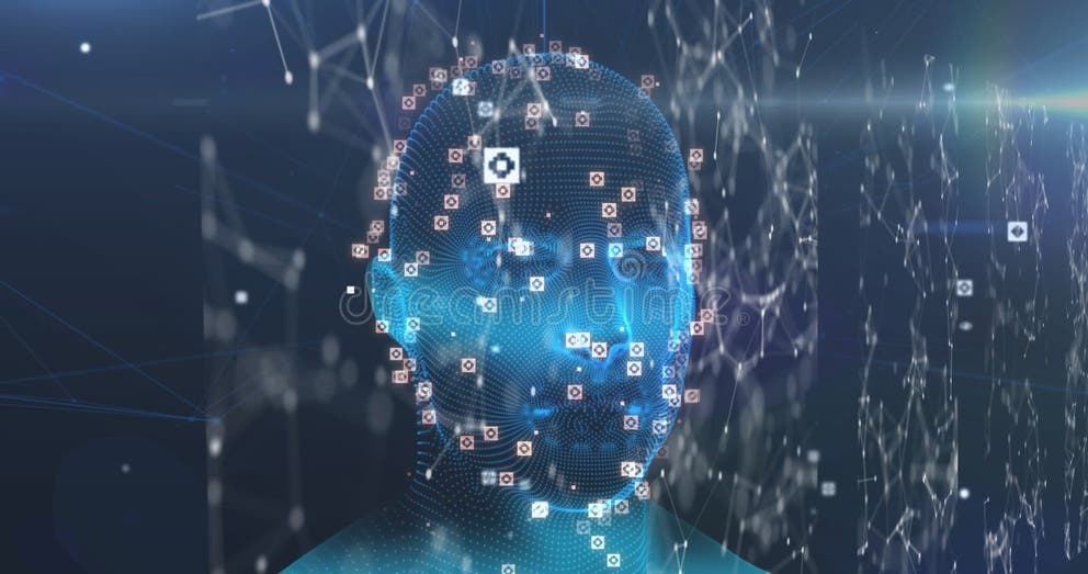 Image of Human Head Spinning with Digital Interface Data Processing ...