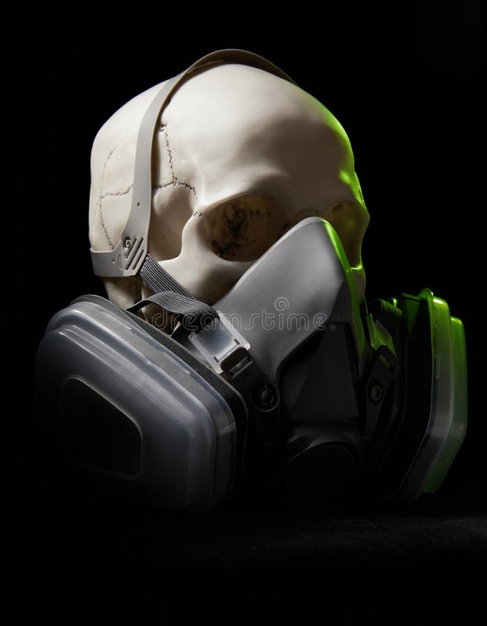 Image of Human Skull with Protective Mask on Over Black Background with ...
