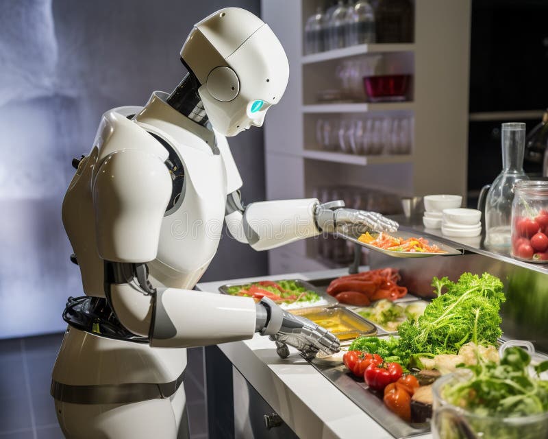 Humanoid Robot As a Cook Preparing a Meal in the Kitchen. Stock ...