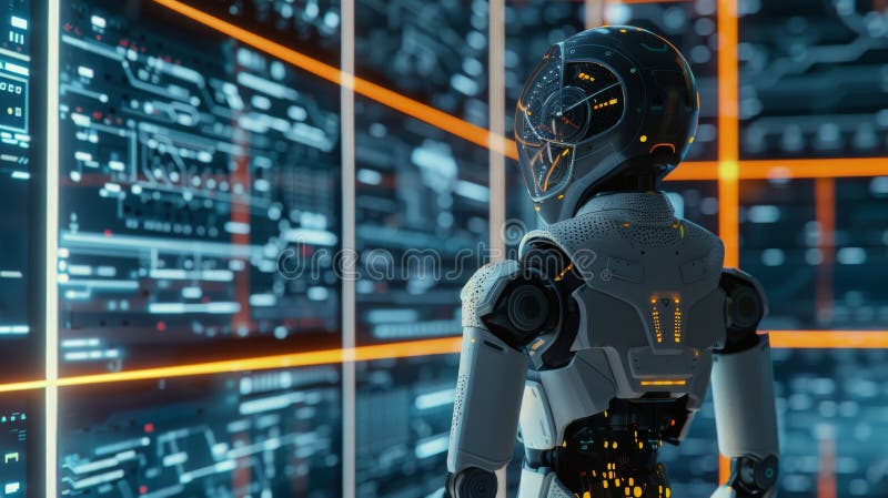 An Image of a Humanoid Robot that is Programming Artificial Intelligence in Cybersp Stock ...