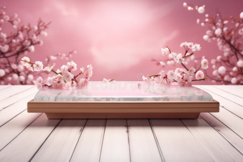 Wooden Table Top Product Display with Cherry Blossom Background - High ...