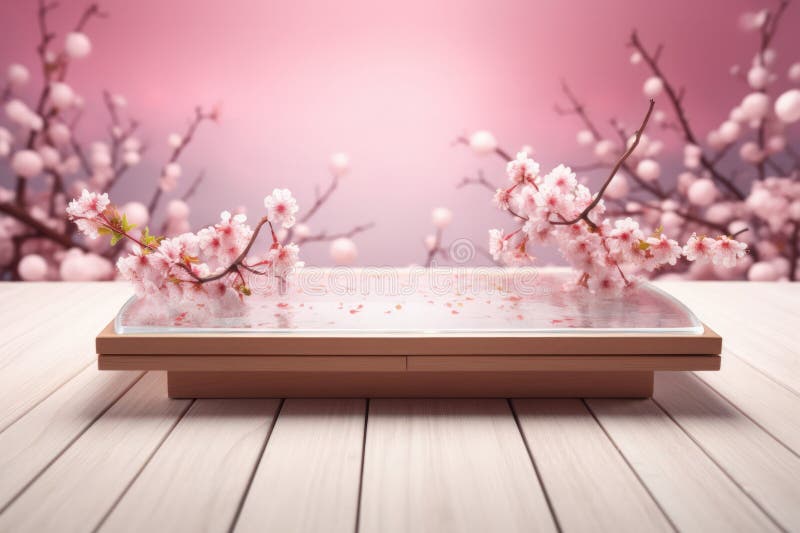 Wooden Table Top Product Display with Cherry Blossom Background - High ...