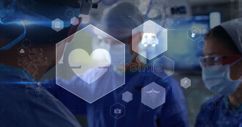 Image of Icon in Hexagons, Diverse Surgeons Discussing and Performing ...