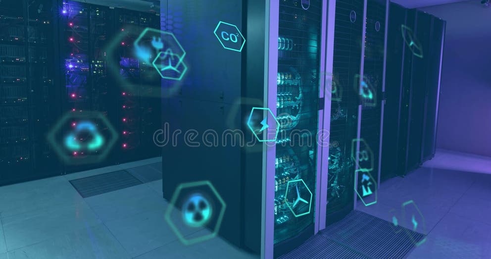 Image of Icon in Hexagons Over Data Server Racks in Server Room Stock ...