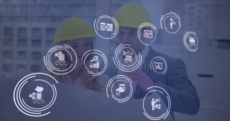 Image of Icon in Loading Circles Over Caucasian Engineers Discussing ...