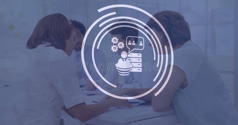 Image of Icon in Loading Circles Over Diverse Coworkers Discussing ...