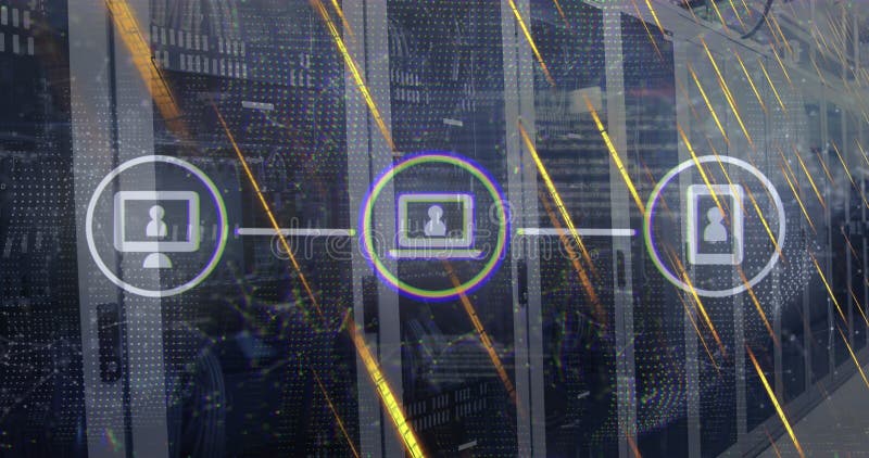 Image of Icons Connected with Lines Over Falling Abstract Patterns ...