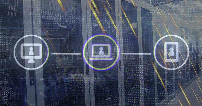 Image of Icons Connected with Lines Over Falling Abstract Patterns ...