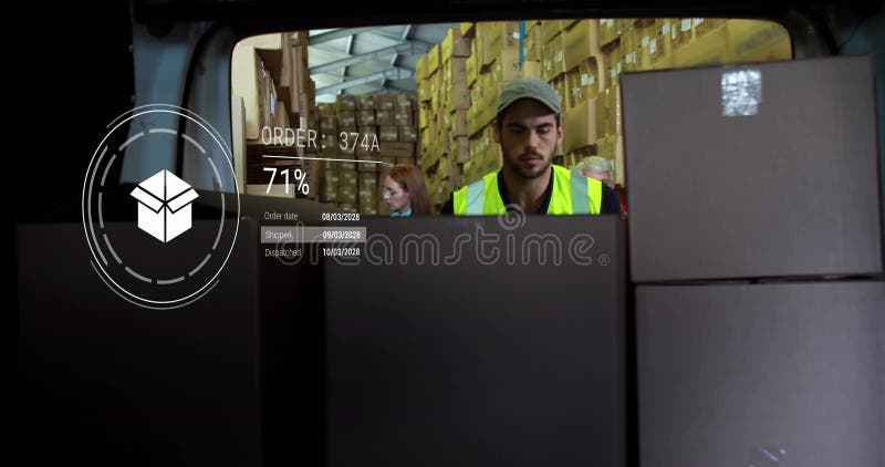Image of Icons with Data Processing Over Caucasian Delivery Man in ...