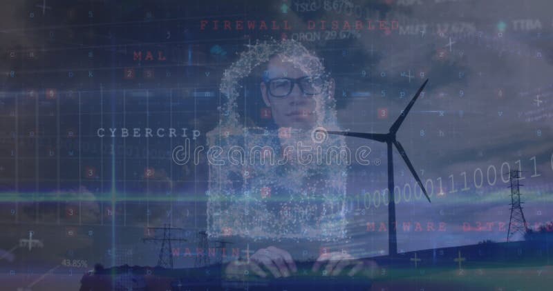 Image of Icons and Data Processing Over Caucasian Hacker and Wind ...