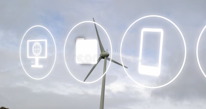 Image of Icons and Data Processing Over Clouds and Wind Turbine Stock ...