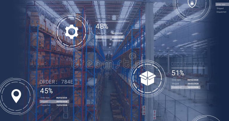 Image of Icons with Data Processing Over Warehouse Stock Photo - Image ...