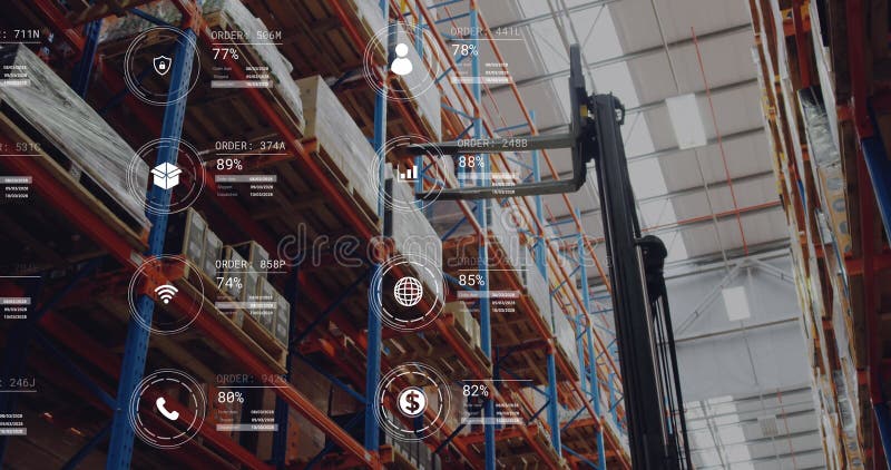Image of Icons with Data Processing Over Warehouse Stock Photo - Image ...