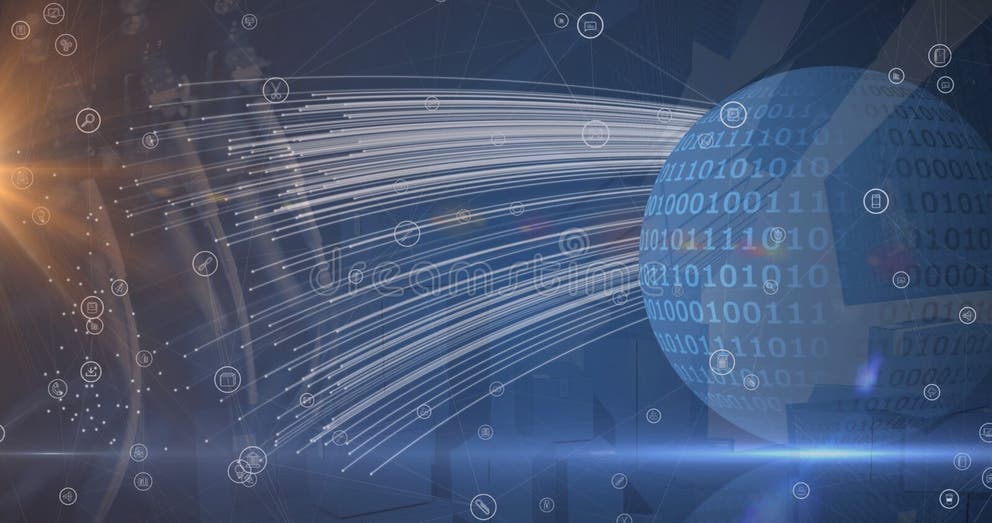 Image of Icons Floating Over Globe and Binary Code Stock Illustration ...