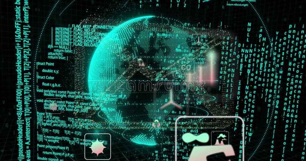 Image Of Icons Globe Rotating Over Binary Codes And Programming