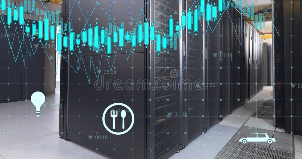 Image of Icons with Graphs and Changing Numbers Over Data Server Racks ...