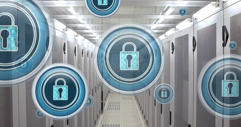 Image of Icons of Online Security Padlock Over Computer Servers Stock ...
