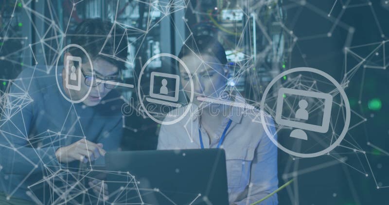 Image of Icons Over Diverse Male and Female it Engineers with Laptop by Computer Server Stock ...