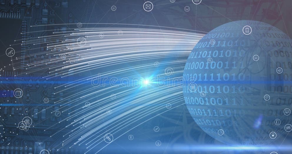 Image of Icons Over Globe with Binary Code in Navy Space Stock Illustration - Illustration of ...