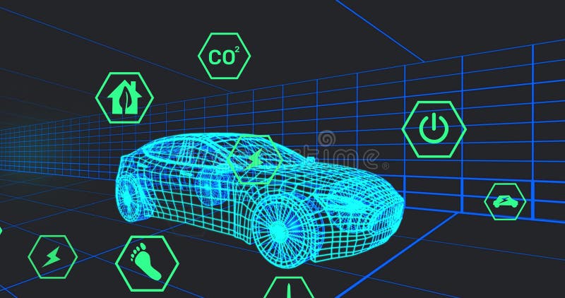 Image of Icons Processing Status Data Over 3d Car Model Moving on Black ...