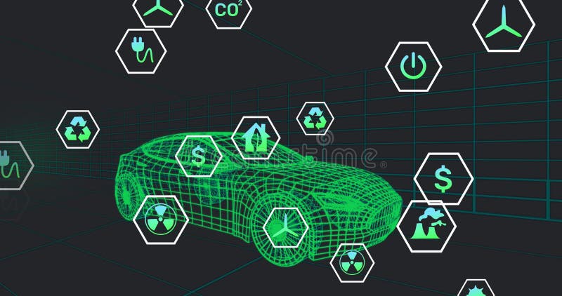 Image of Icons Processing Status Data Over 3d Car Model Moving on Black ...