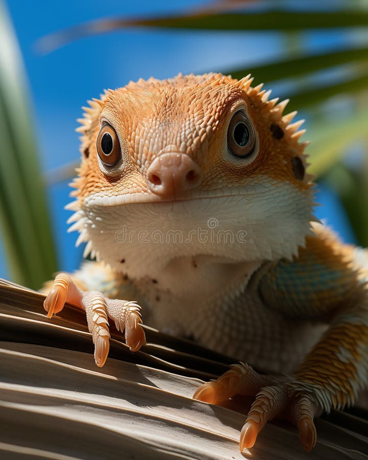Image of an Iguana in Close-up, Little Lizard Scaling a Palm Tree Stock ...