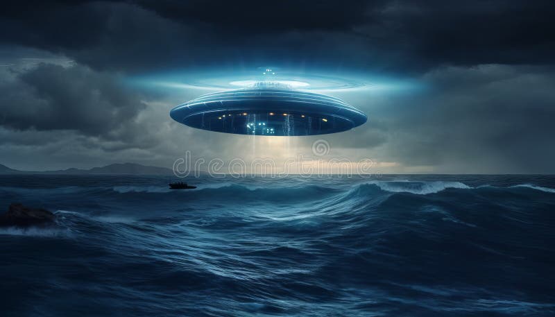 Image of an Illuminated UFO Spaceship Hovering Over a Stormy Ocean ...