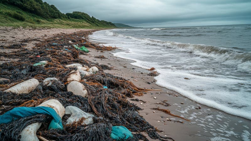 A Beach Covered in Marine Debris Tells a Story of Pollution. Waves Lap ...