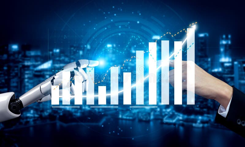 Futuristic Interaction between Human Hand and Robot Hand Over Financial Growth Data ...