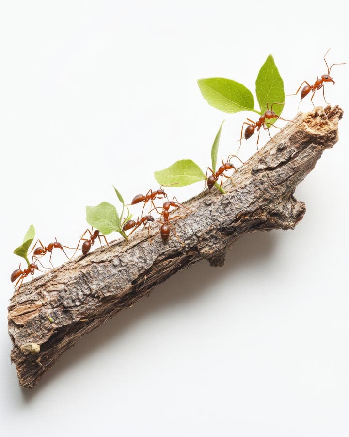 A Line of Diligent Ants Carrying Green Leaves on a Textured Wooden ...