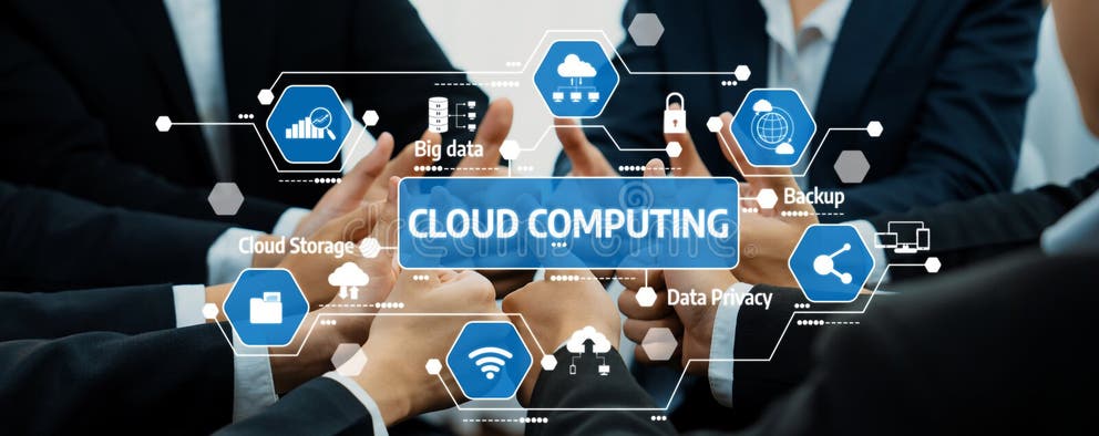 Collaborative Hands Engaging in Cloud Computing Concepts with Icons of ...