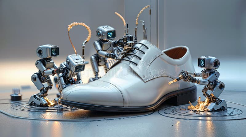 Minimalist AI Nano-Tech Robotics Assembling Men S Footwear with ...