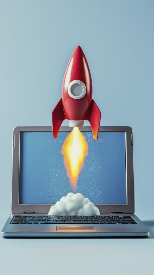 Stylish Red Rocket Launching from Laptop - Creative Focus Stock ...