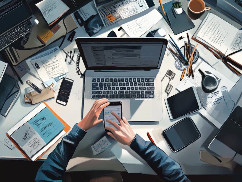 A Busy Workspace Filled with Technology and Creativity. Multiple ...