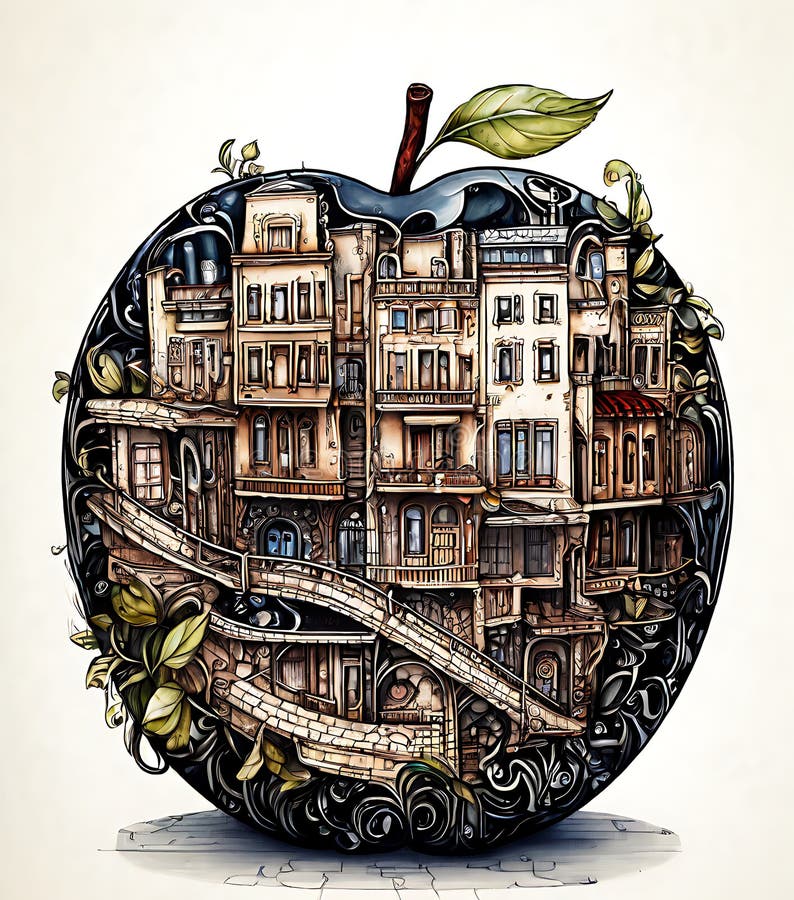 An Apple Sliced in Half, Revealing a Miniature, Hand-drawn City Inside ...