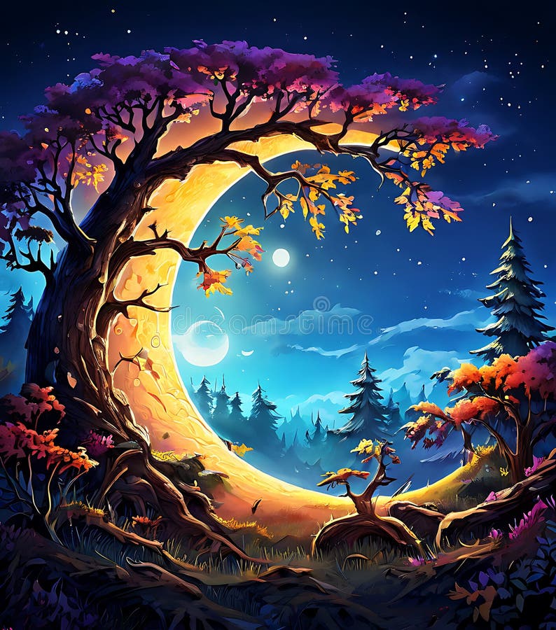 A Crescent Moon Cradled by Hand-drawn Tree Branches, Illustration ...