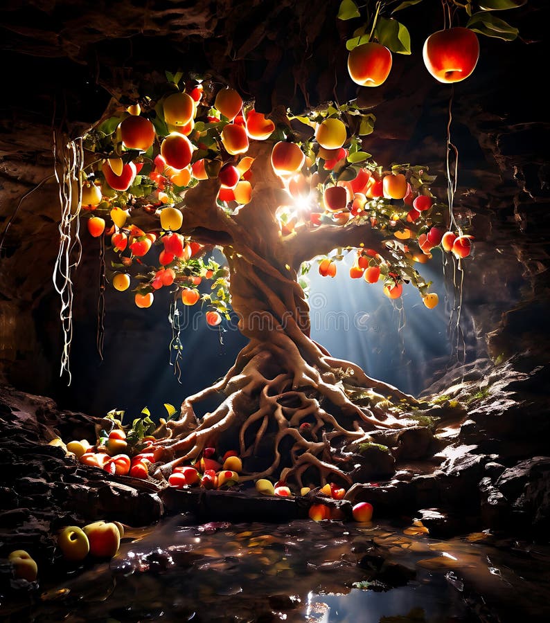 A Magical Apple Tree Growing Inside of a Cavern, Illustration Stock ...