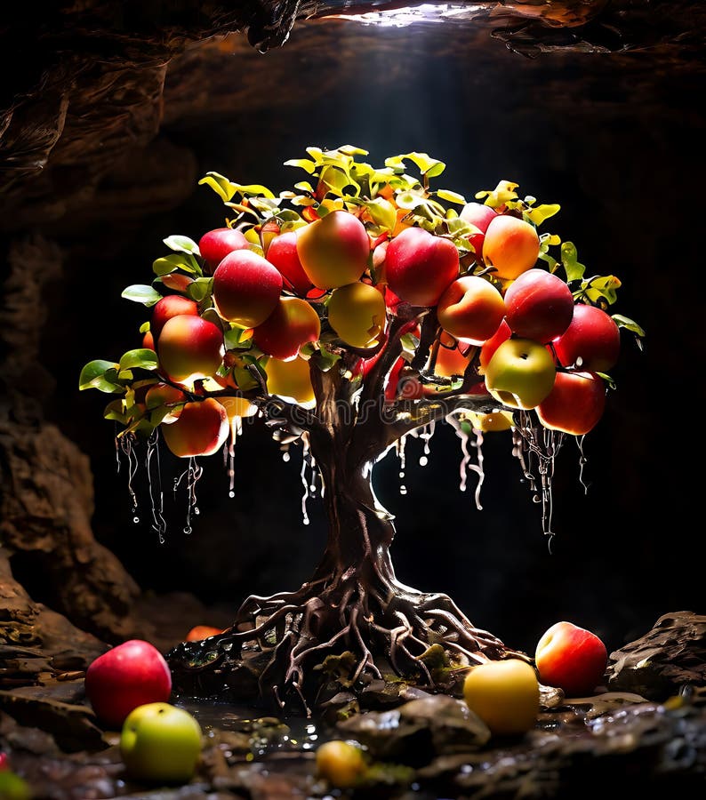 A Magical Apple Tree Growing Inside of a Cavern, Illustration Stock ...