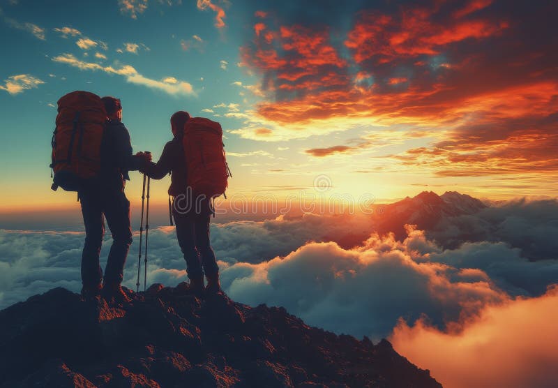 In a Image Illustration, One Hiker Helps Another Reach the Summit of a ...