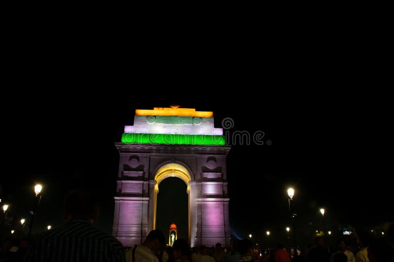 Image of India Gate at Night with India Flag Colors Projected on it ...