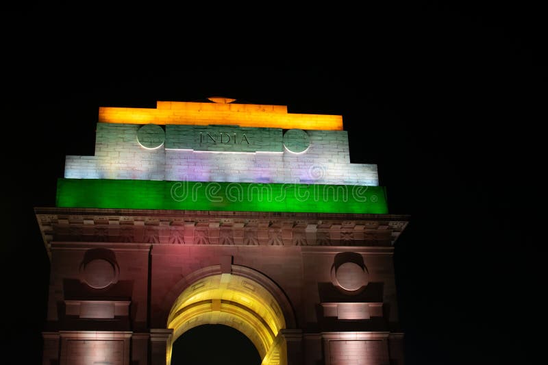 Image of India Gate at Night with India Flag Colors Projected on it ...