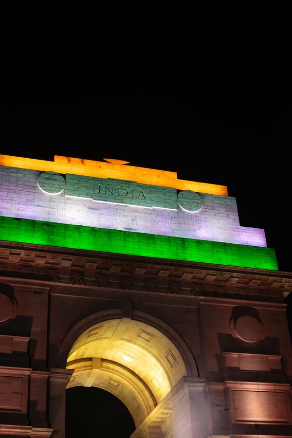 Image of India Gate at Night with India Flag Colors Projected on it ...